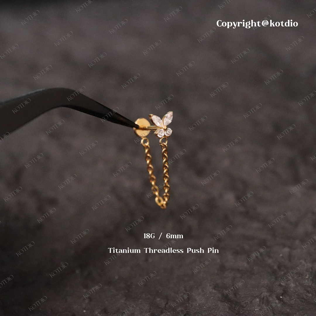 18G Titanium Butterfly Threadless Helix Chain Push Pin Stud, Cz Flat ...