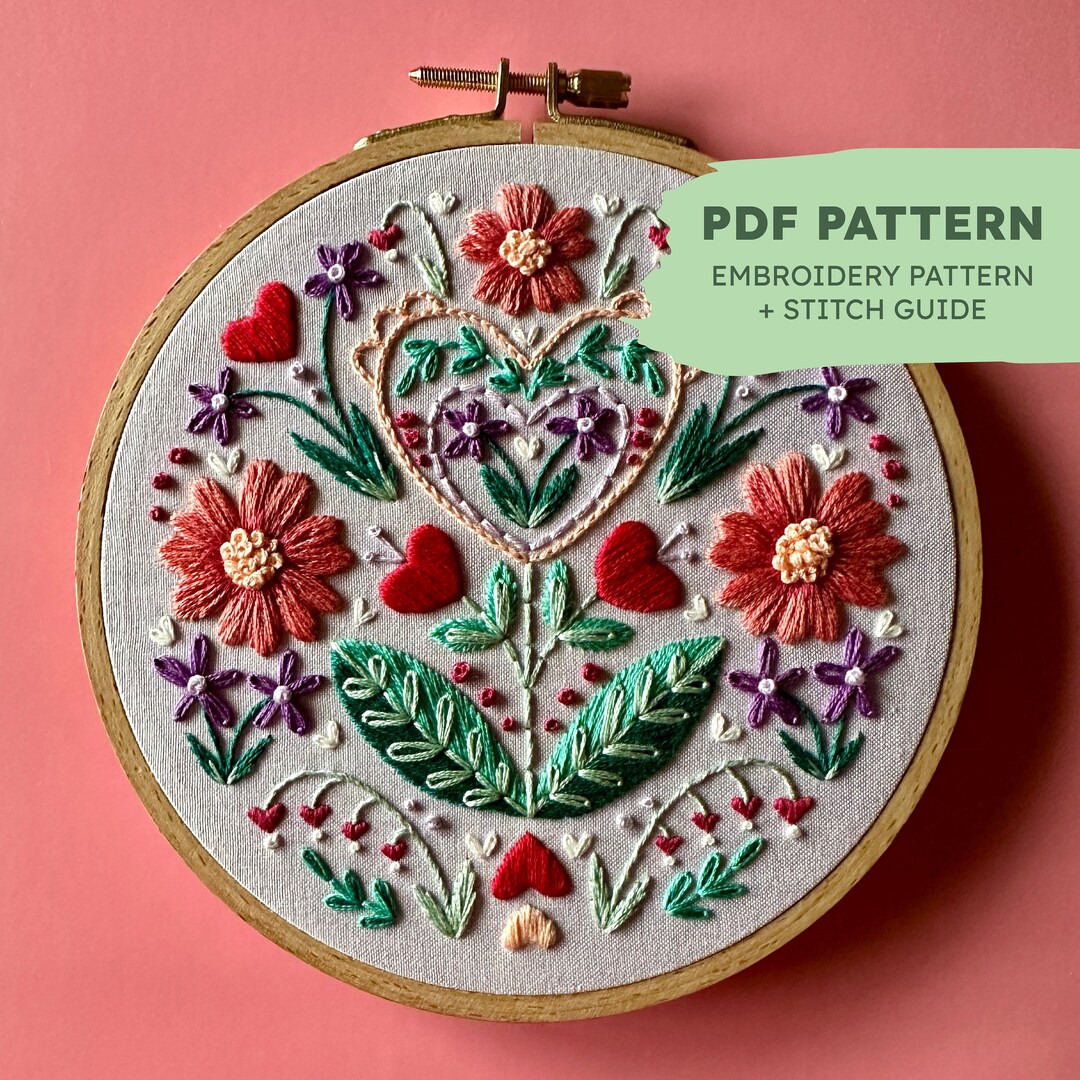 Valentine Hand Embroidery Pattern | Blooming Hearts | Intermediate ...