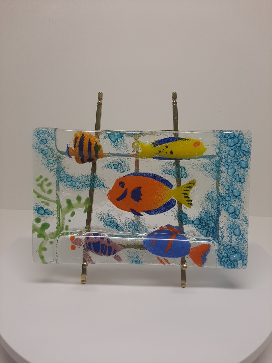 Vintage Hand Crafted Fused Art Glass Tray Plate With Swimming Fish 10.5 ...