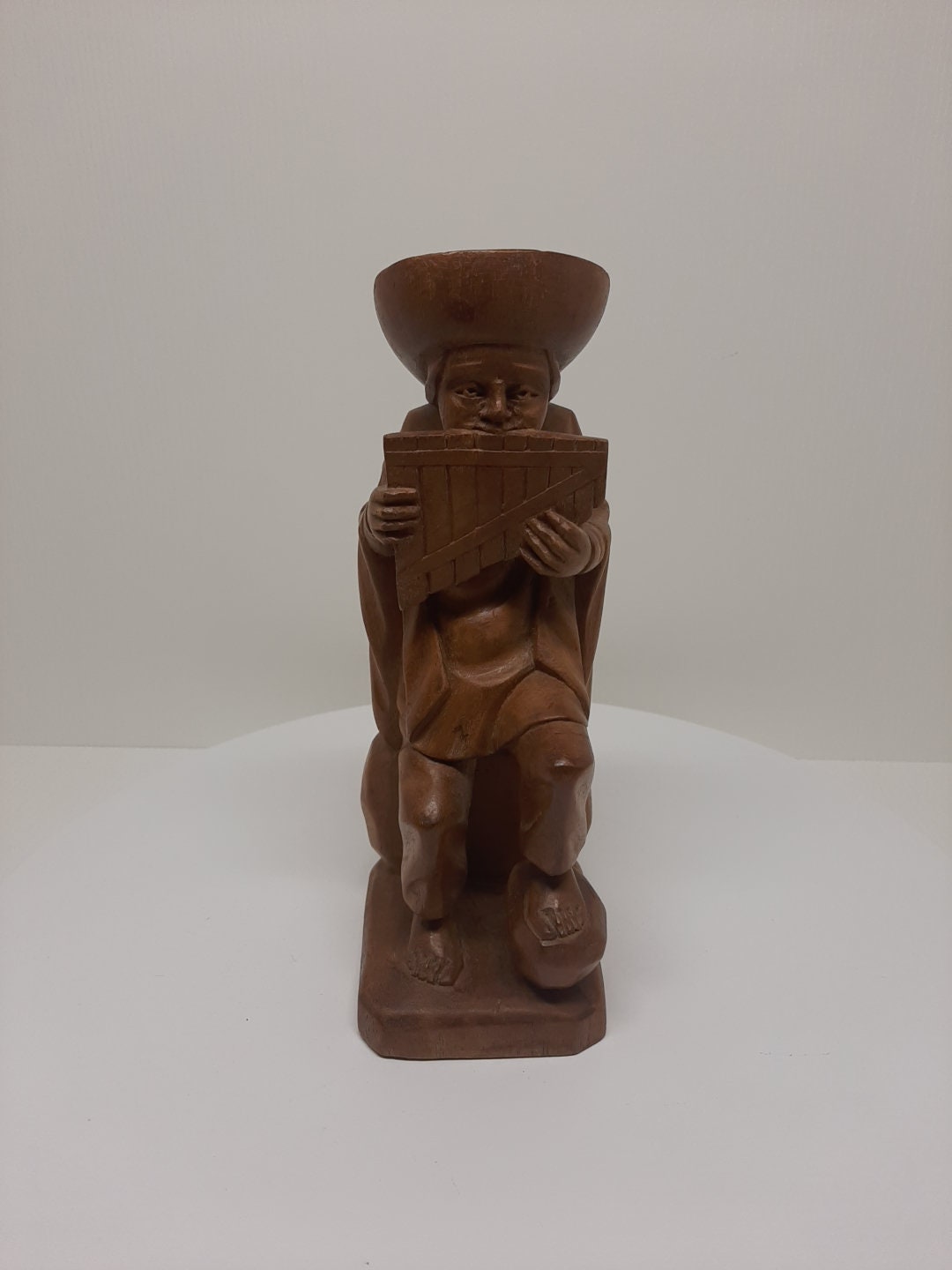 Vintage Hand Carved Wooden Man Sitting & Playing Pan Flute Figurine 9.5 ...