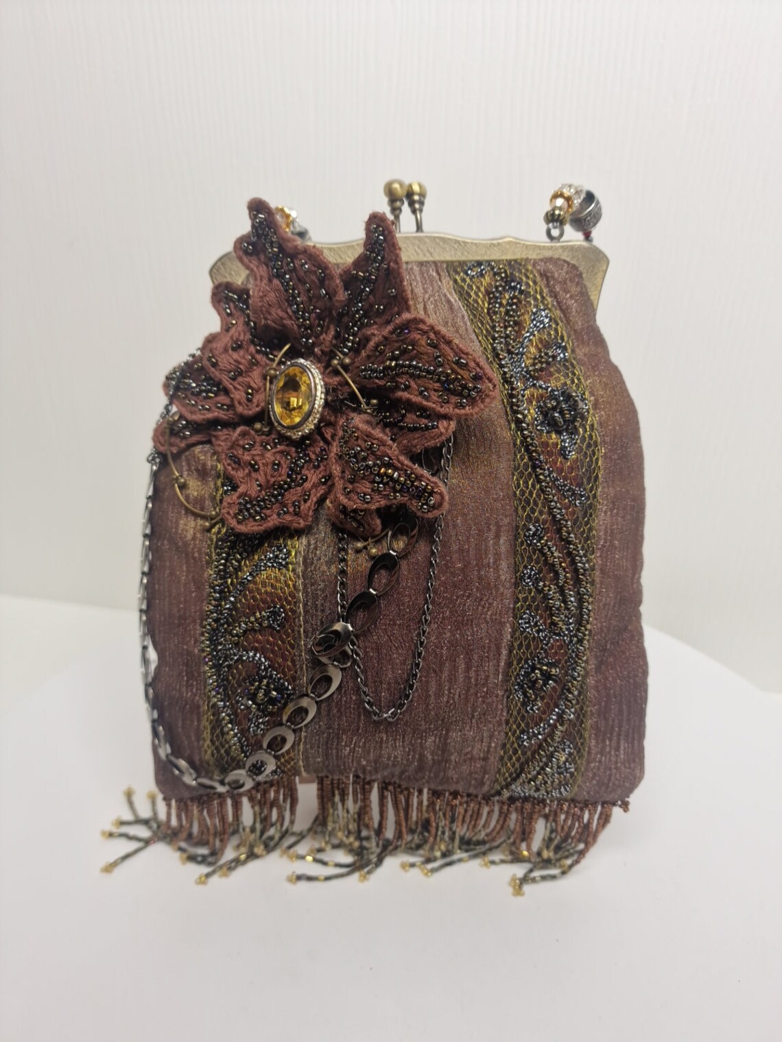 Vintage Mary Frances Brown Beaded Silk Embellished Small Handbag Purse ...