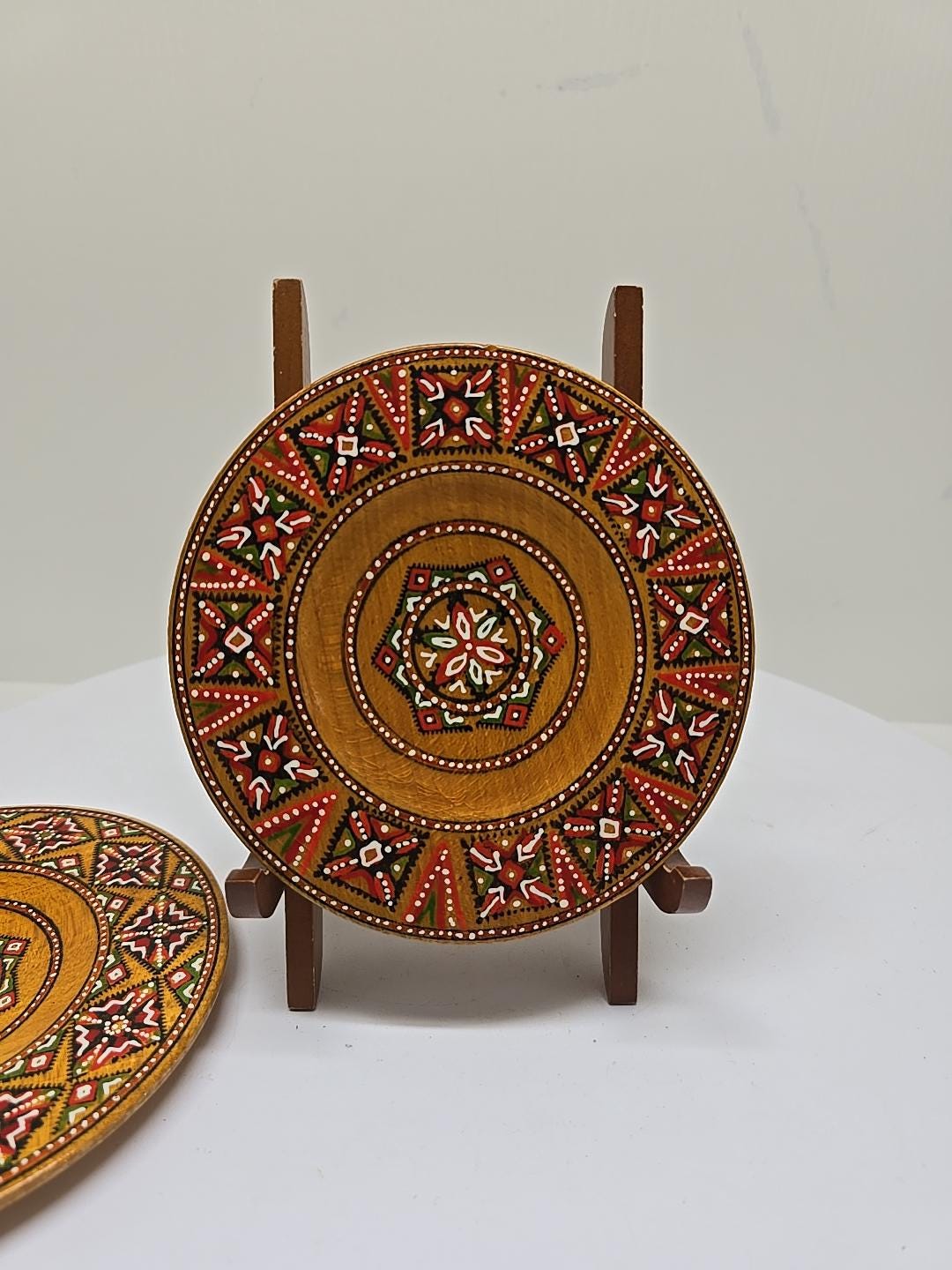 Vintage 2 Treenware Wood Plates Handpainted, Floral Designs, 5 1/5 ...