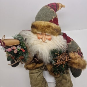 VTG Rustic Sitting Santa Claus W/ Bag & Pine Tree Christmas Decor ...