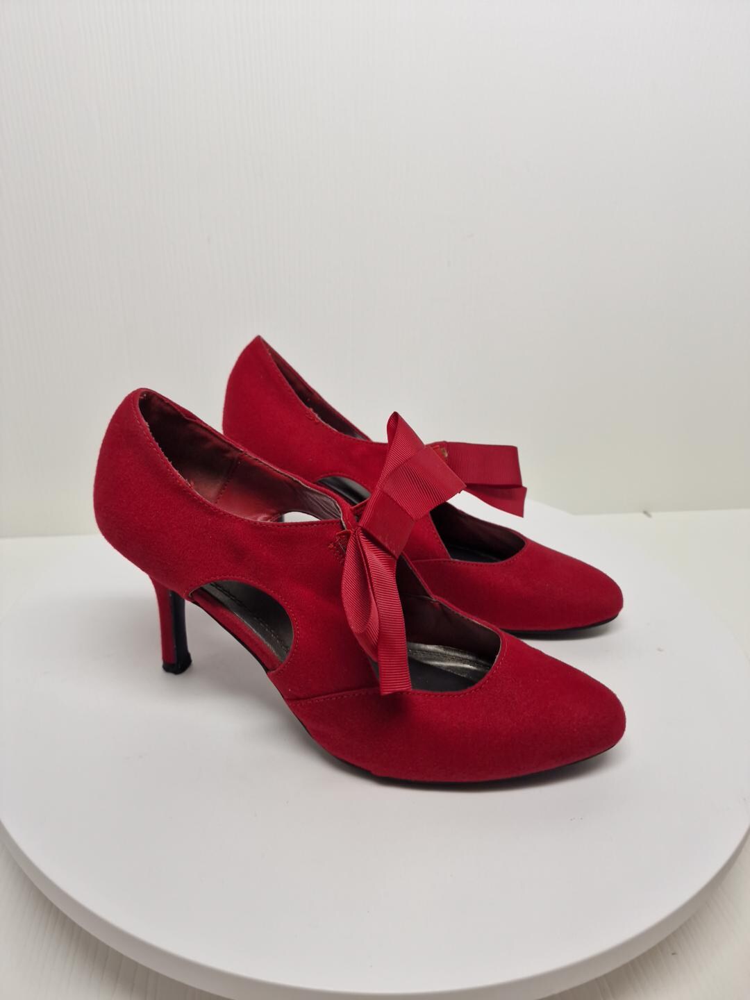 IMPO Tie-time Suedy Red Heeled Sandals Red Grosgrain Bow Red Women's ...