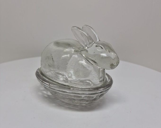 Vintage Clear Glass Bunny Rabbit on Basket Nest Covered Candy Dish 4 1/ ...