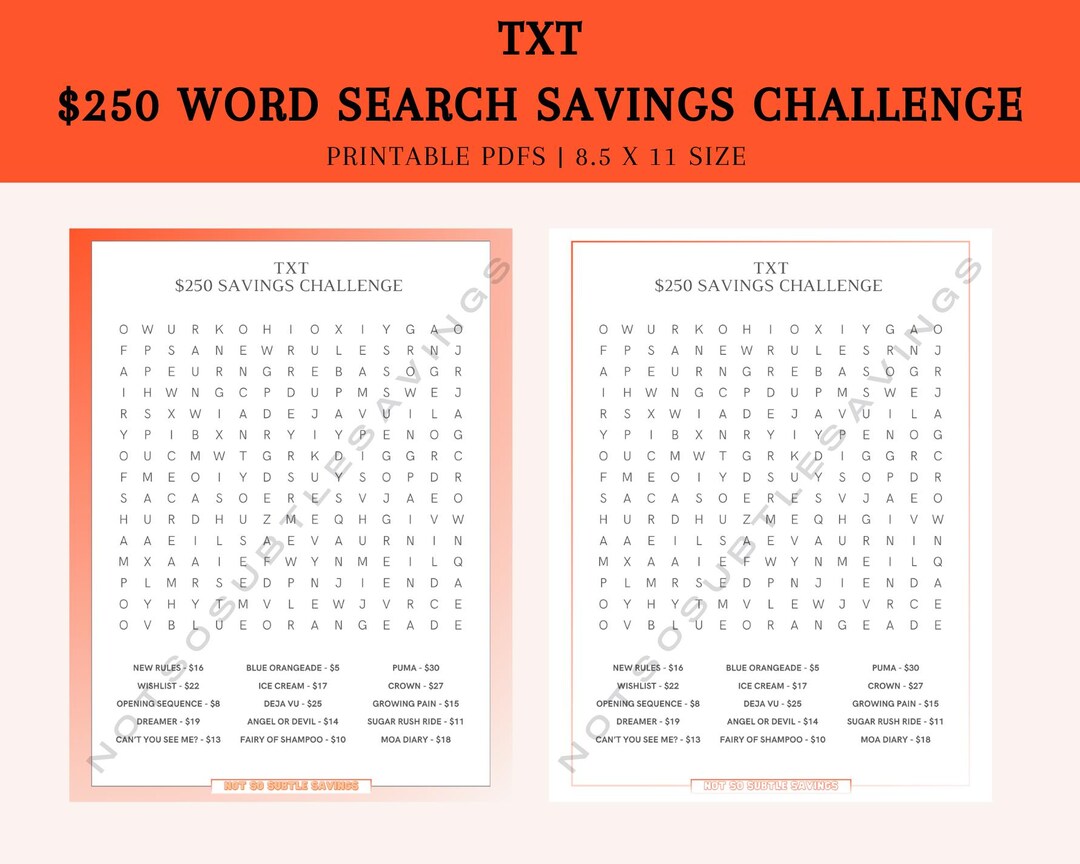 TXT 250 Dollar Savings Challenge | Word Search Savings Challenge - Etsy