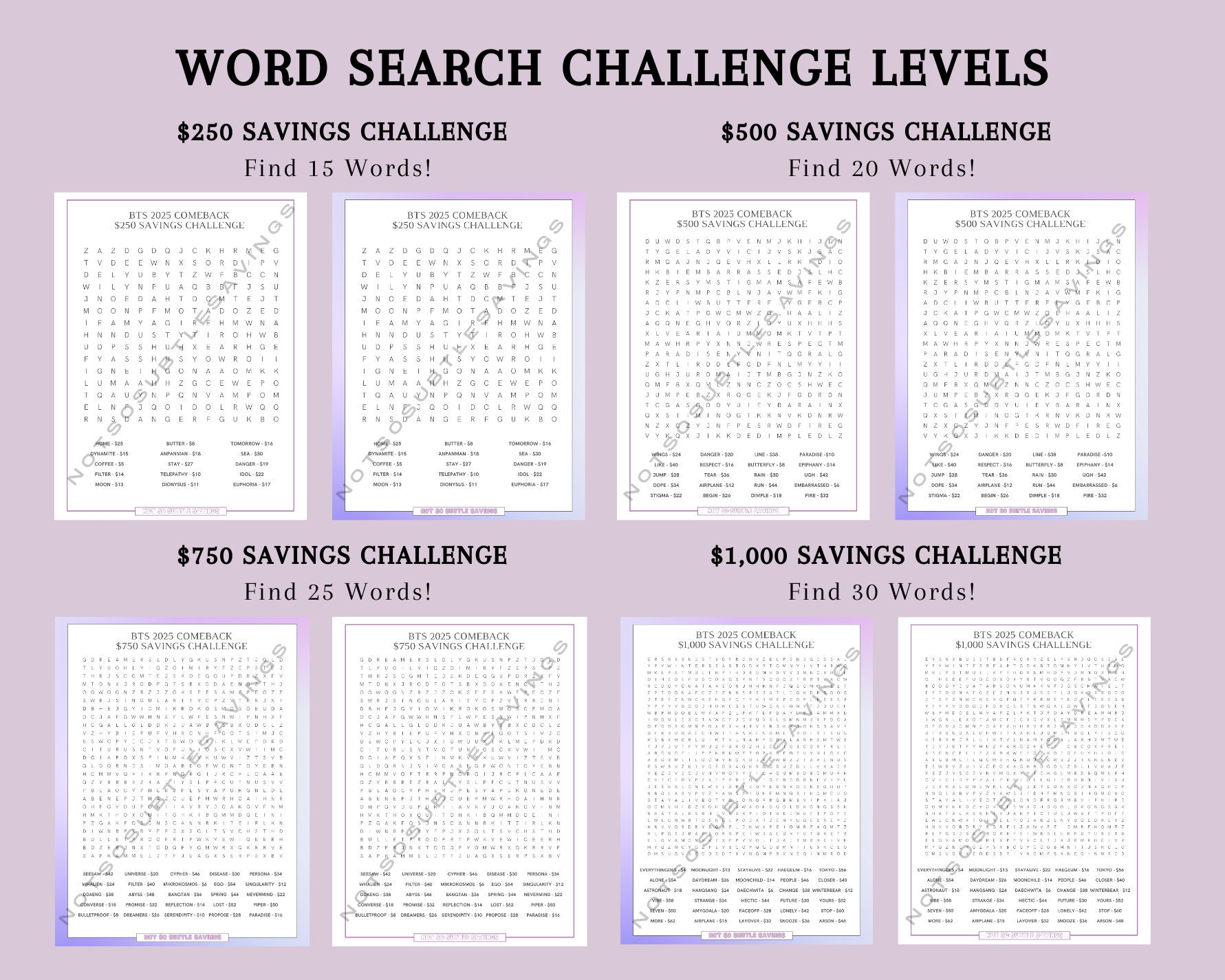 BTS 2025 Comeback Savings Challenge | Word Search Savings Challenge - Etsy