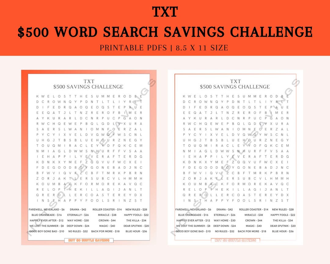 TXT 500 Dollar Savings Challenge Word Search Savings Challenge - Etsy