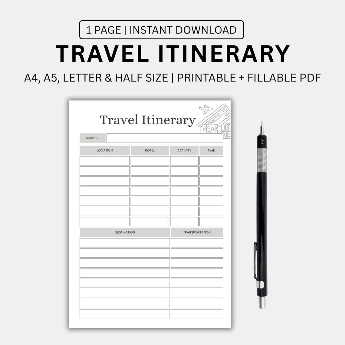 Simple Travel Itinerary Printable, Travel Planner Template, Vacation ...