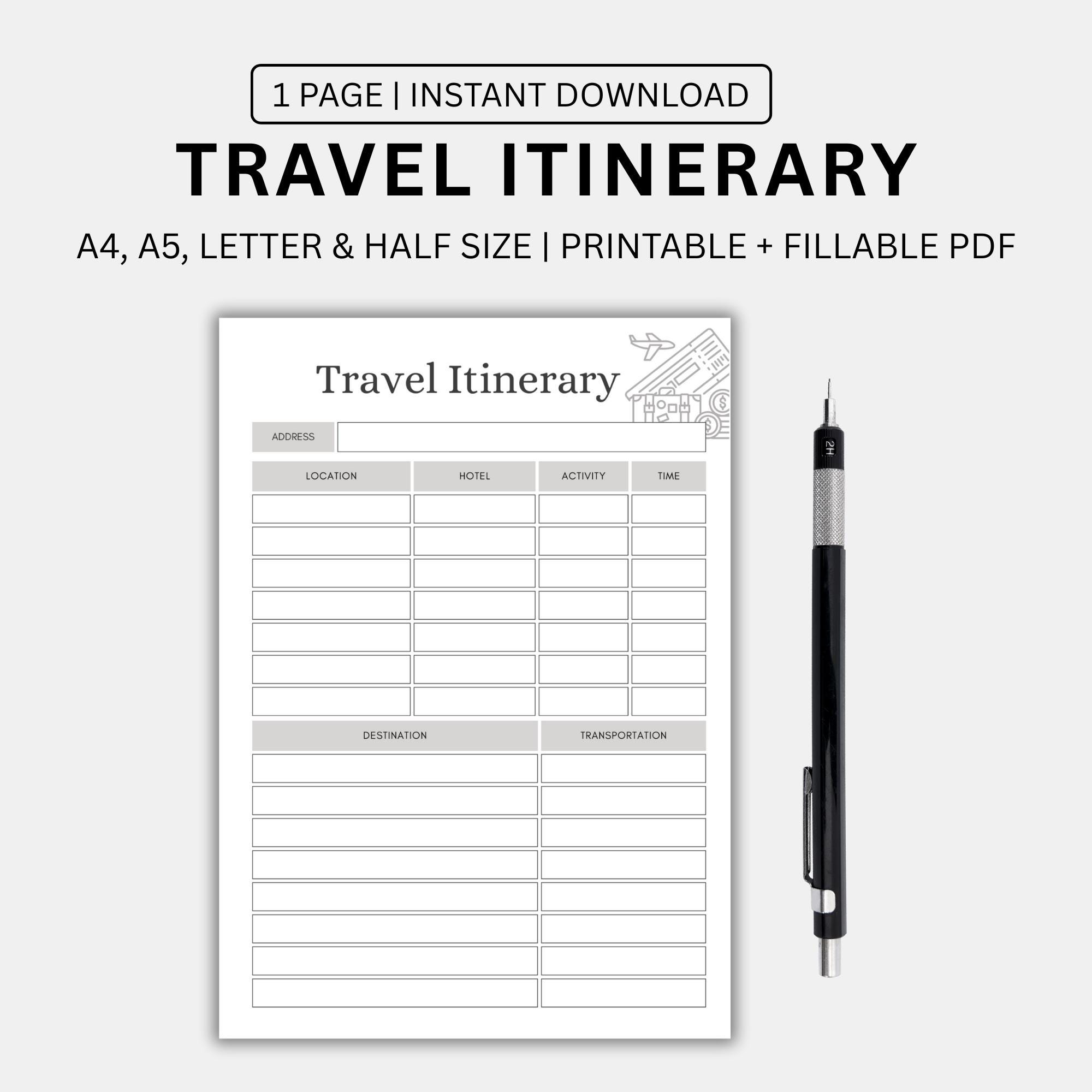 Simple Travel Itinerary Printable, Travel Planner Template, Vacation ...