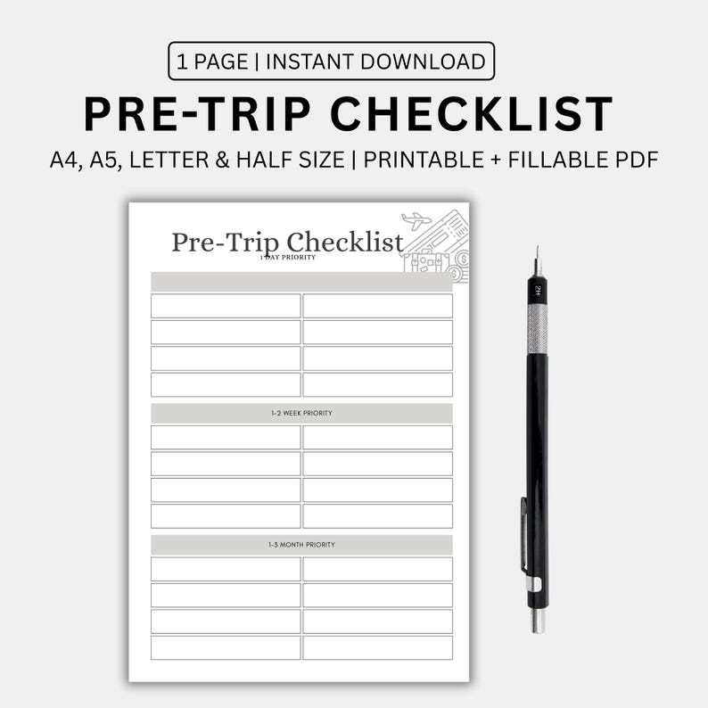 Pre-trip Checklist Travel Planner Printable , Travel Organizer, Trip Planner, A4/a5/letter/half ...