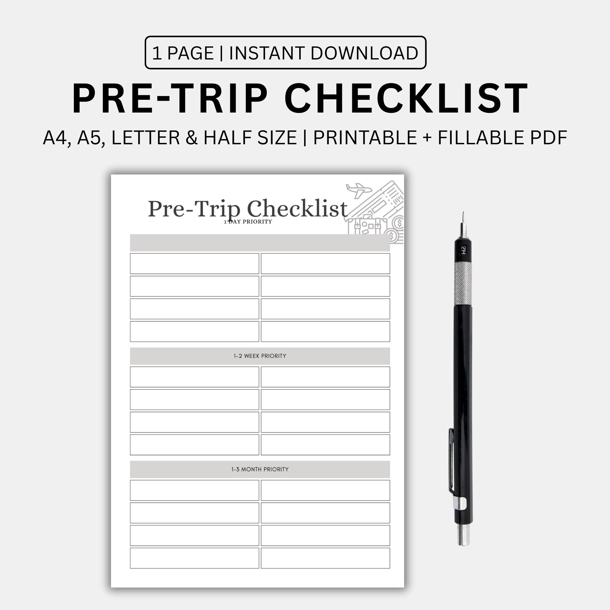Pre-trip Checklist Travel Planner Printable , Travel Organizer, Trip ...