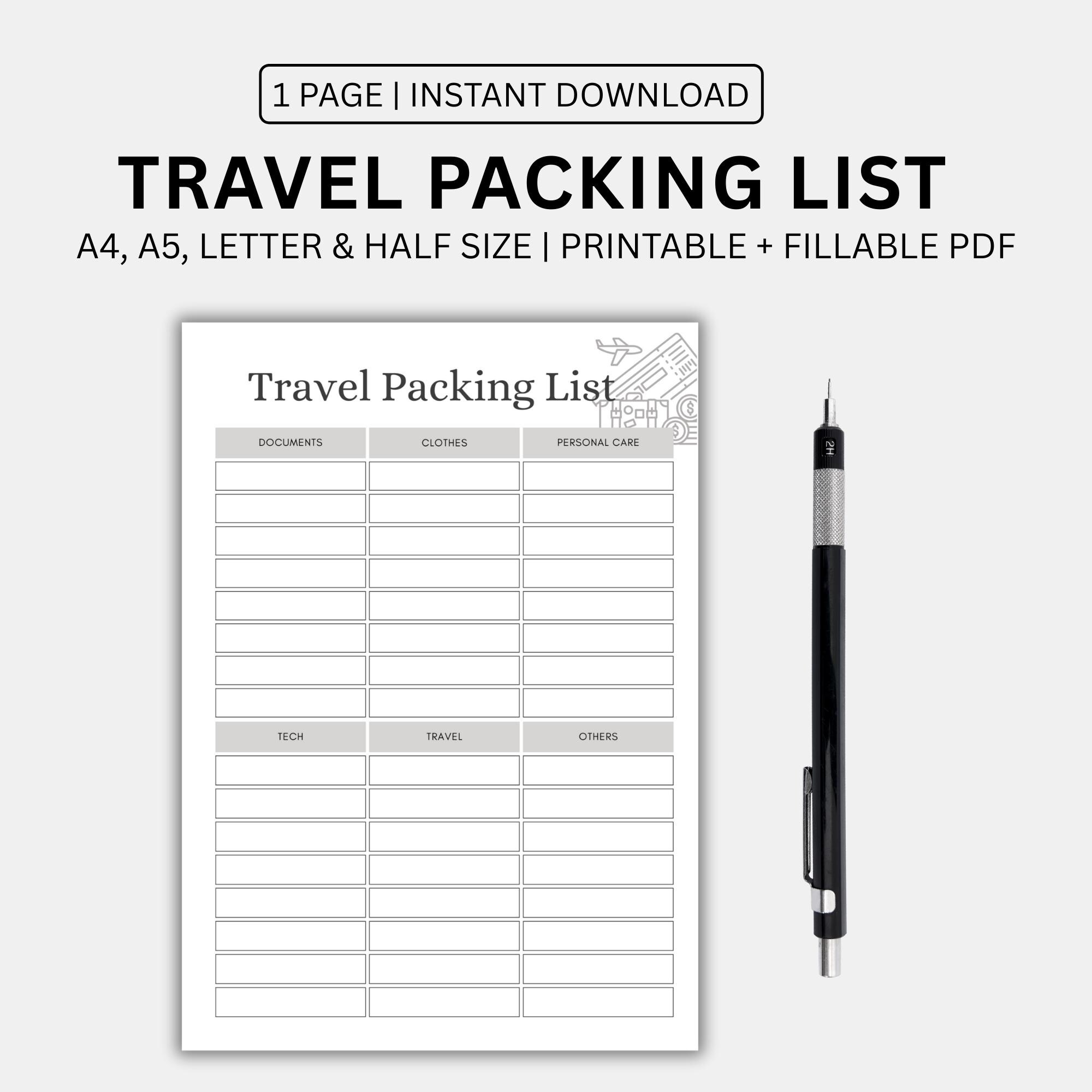 Printable Travel Packing List - Travel Documents, Clothes and Shoes ...