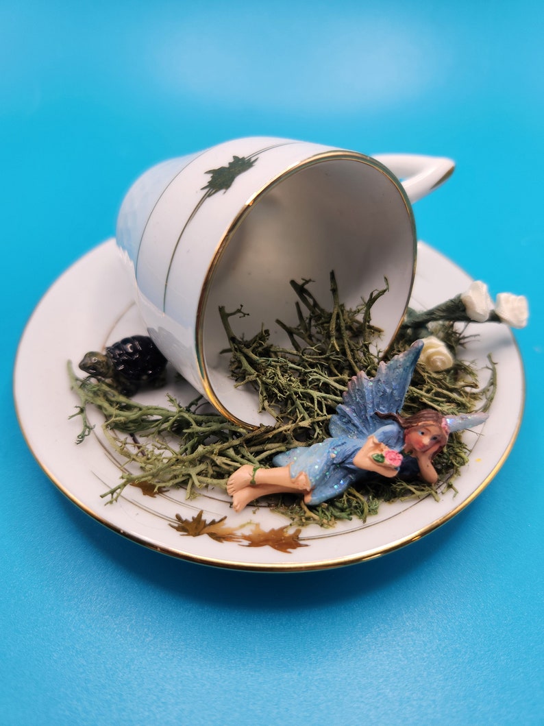 Vintage Teacup Fairy White and Gold With Lounging Blue Fairy - Etsy