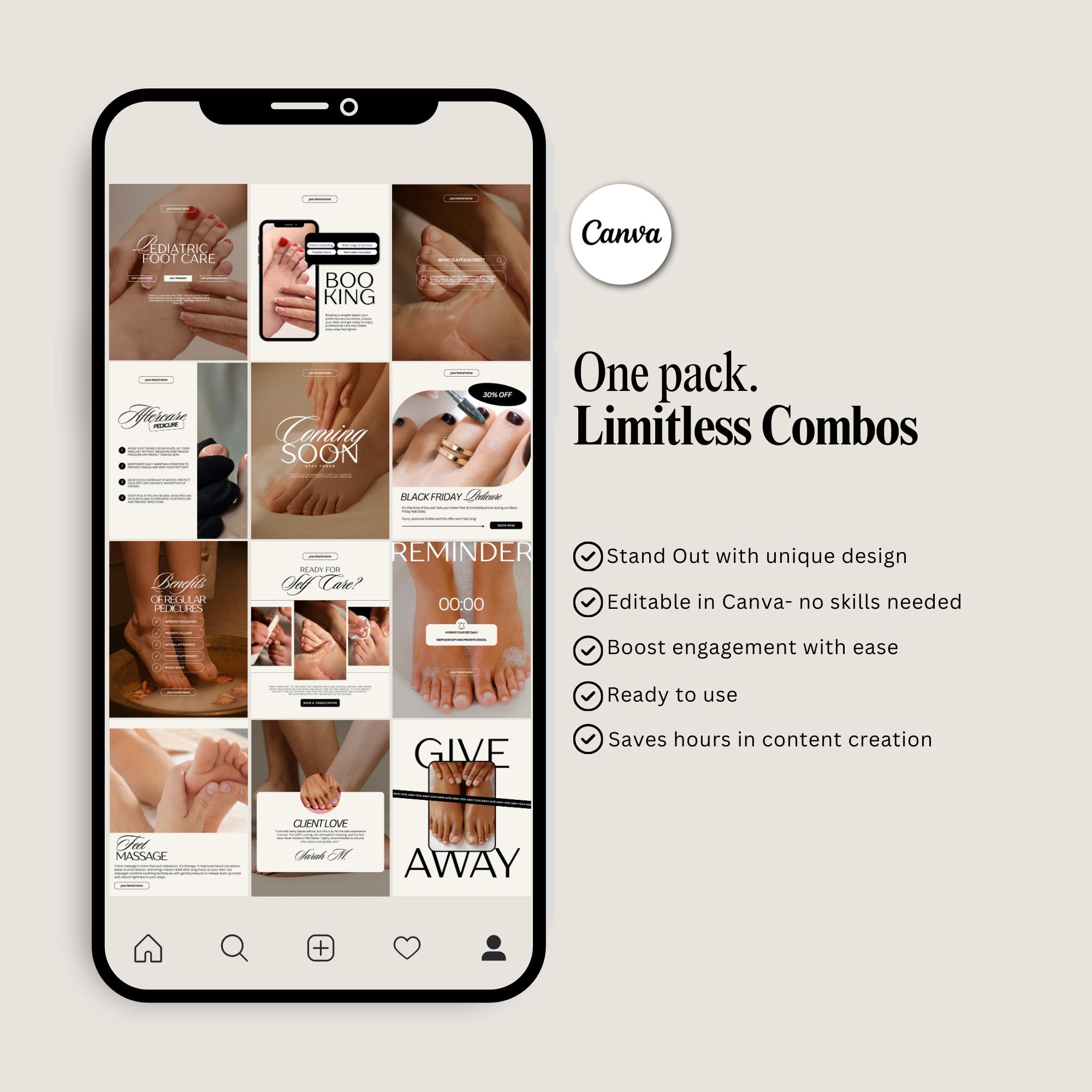Pedicure Instagram Post Templates, Podiatrist Social Media Content ...