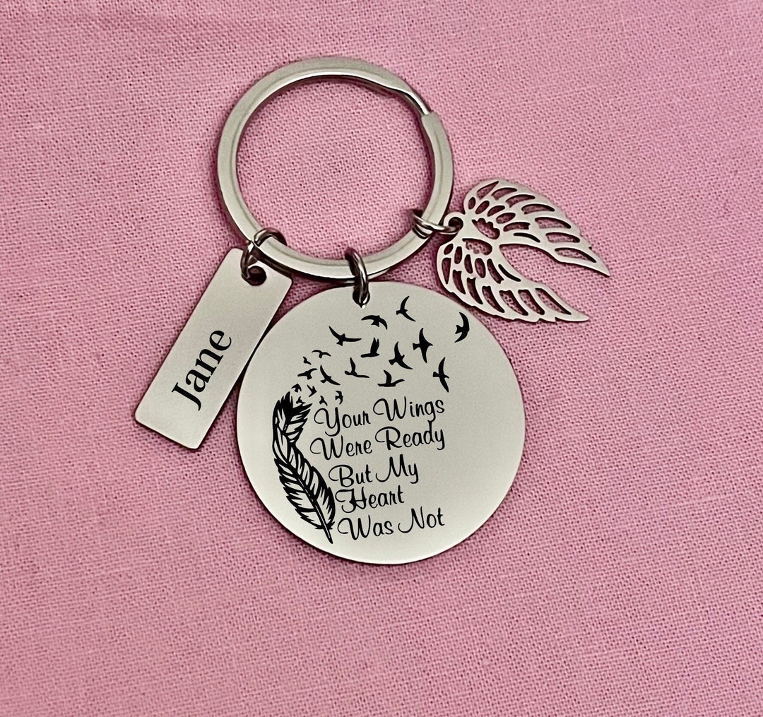 Personalized Memorial Keychain: Stainless Steel Angel Wings Charm - Etsy