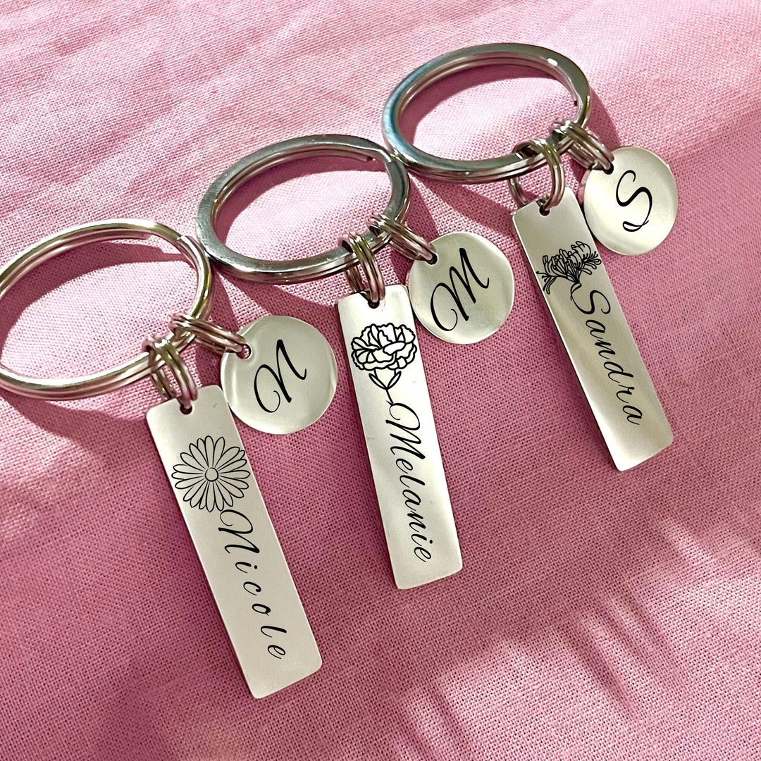Custom Birth Flower Stainless Steel Keychain: Personalized Name Tag - Etsy