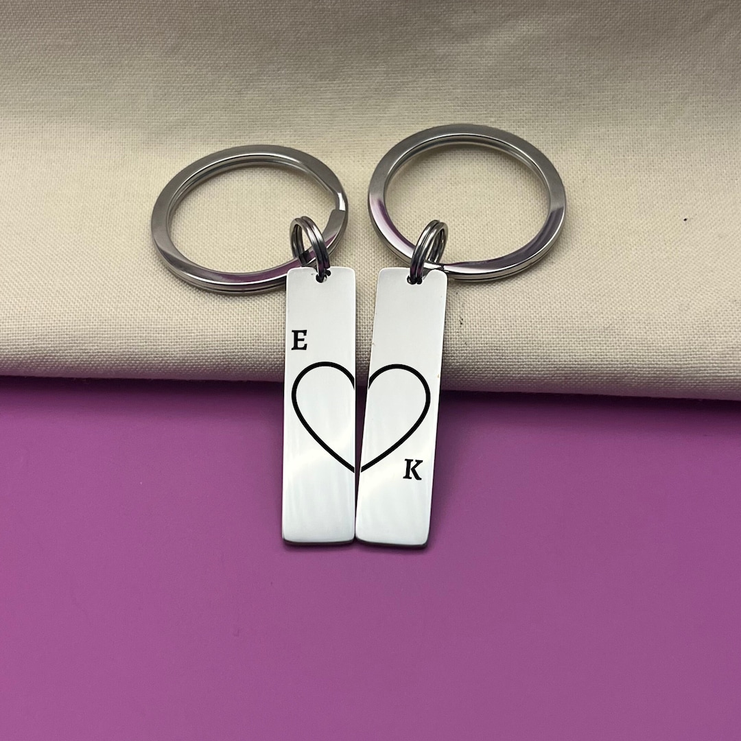 Personalized Heart Keychain Set: Stainless Steel Couple Keyring - Etsy