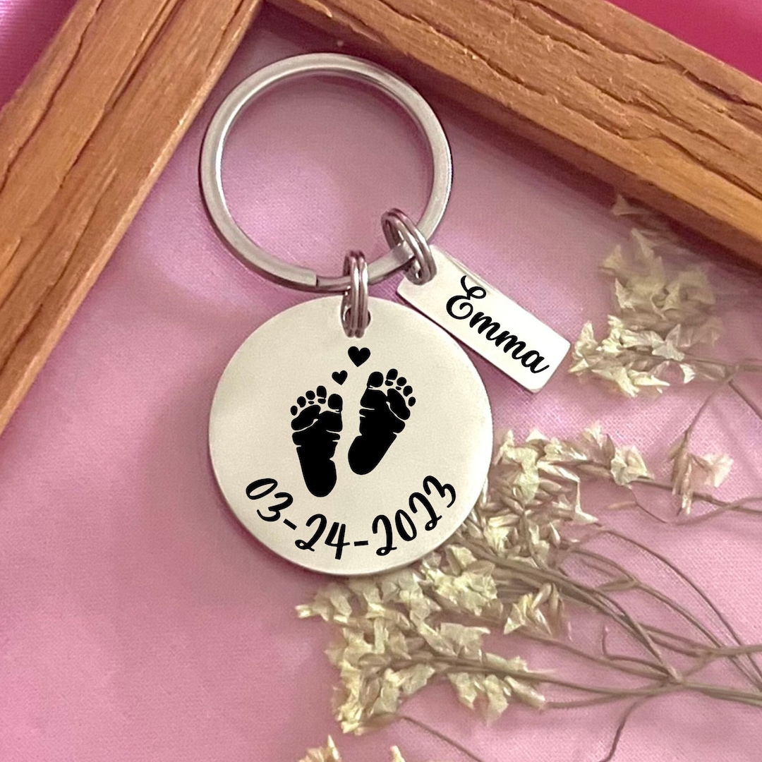 Personalized Baby Feet Stainless Steel Keychain - Custom Birthdate ...