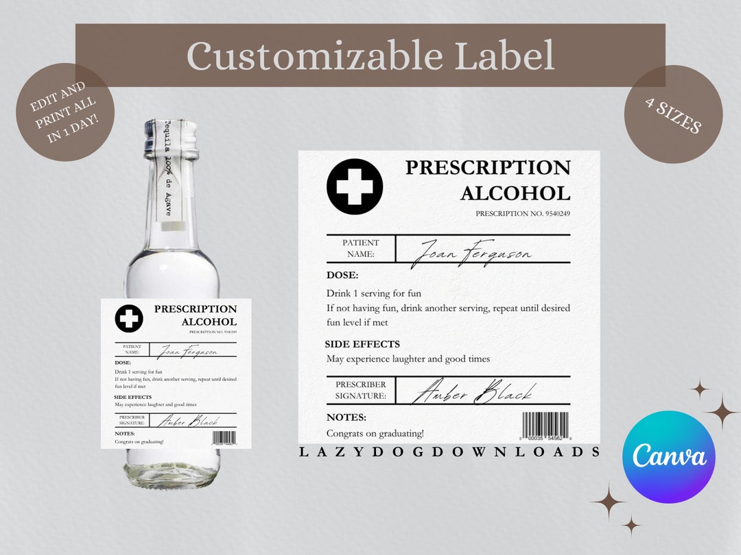 Printable Custom Prescription Alcohol Label/funny Graduation Gift ...