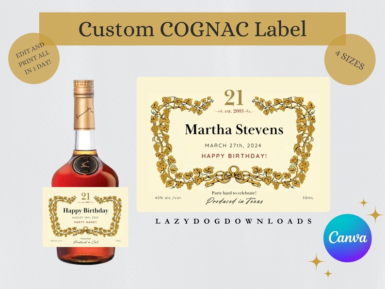 Customizable Cognac Label canva, Printable Personalized Cognac Label ...