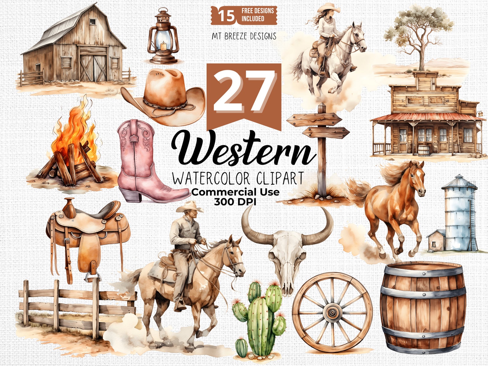 Western Watercolor Clipart Set - High Resolution Cowboy, Horse, Cowgirl ...
