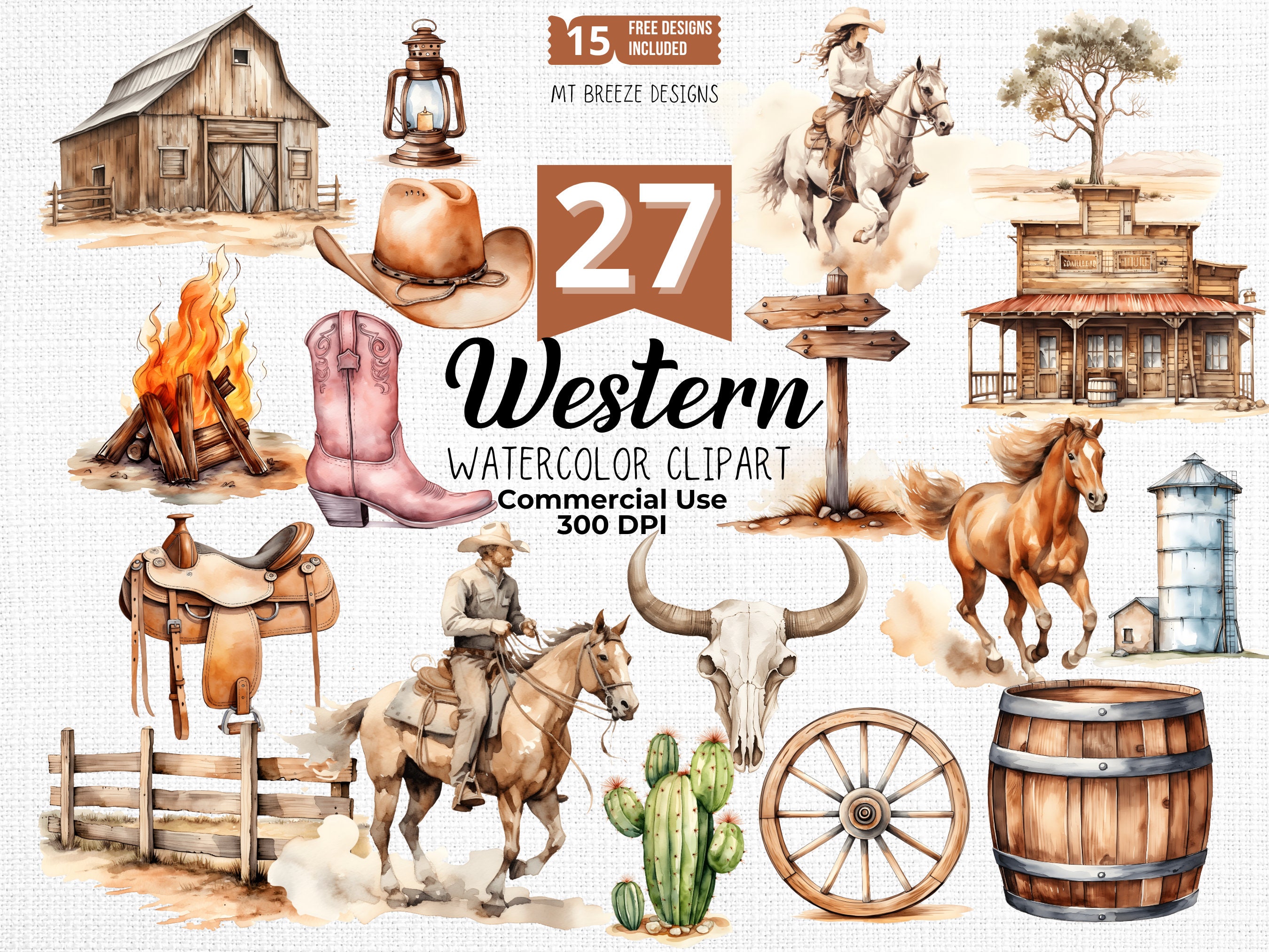 Western Watercolor Clipart Set - High Resolution Cowboy, Horse, Cowgirl ...