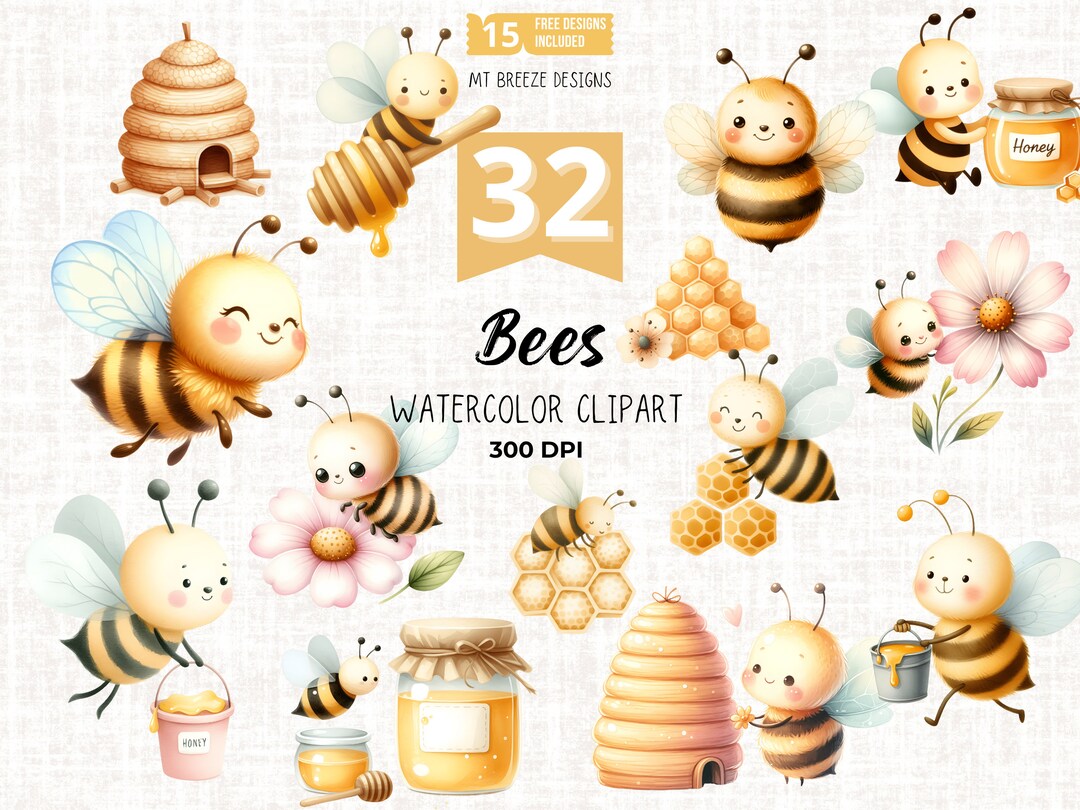 32 Bees Clipart Set - Cute Bee Hive and Honey Comb Clip Art PNG Files ...