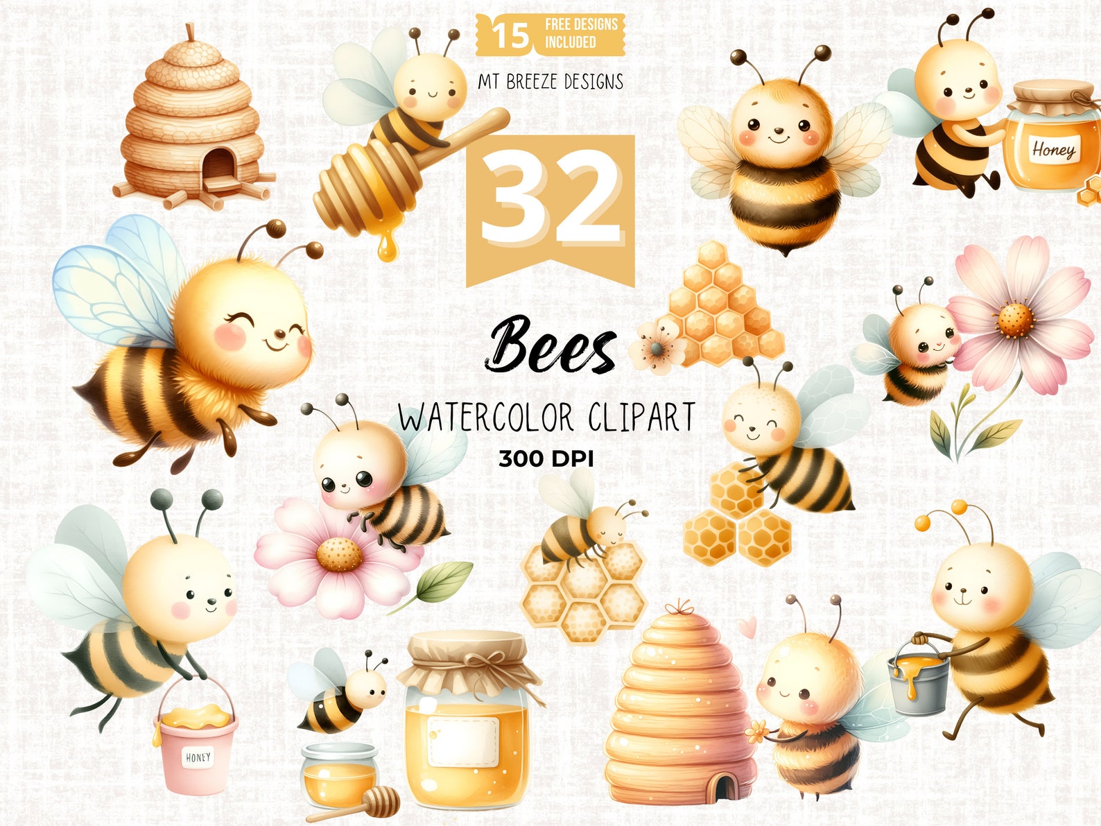 32 Bees Clipart Set - Cute Bee Hive and Honey Comb Clip Art PNG Files ...