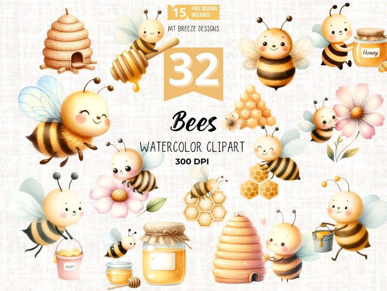 32 Bees Clipart Set - Cute Bee Hive and Honey Comb Clip Art PNG Files ...