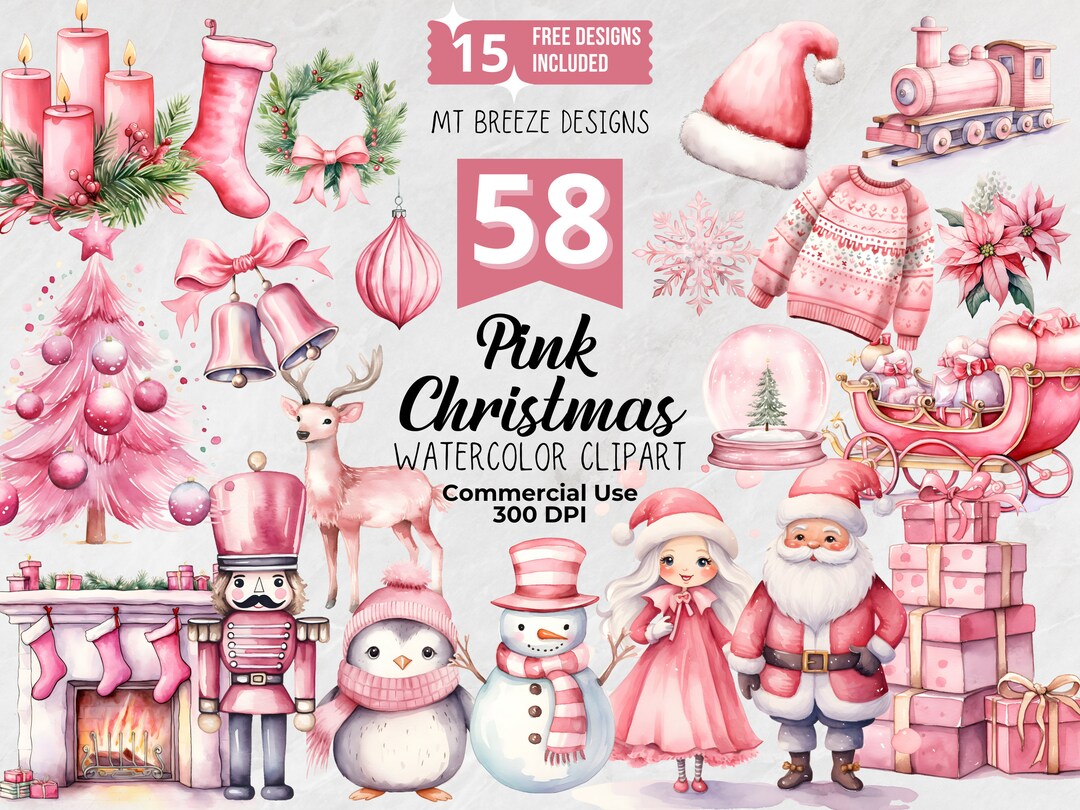 58 Pink Christmas Watercolor Clipart Set - High Resolution Pink Xmas ...