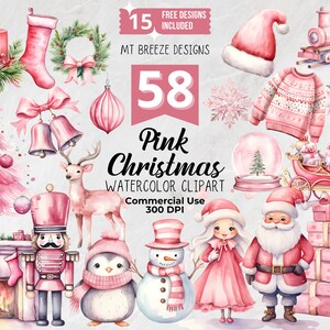 58 Pink Christmas Watercolor Clipart Set - High Resolution Pink Xmas ...