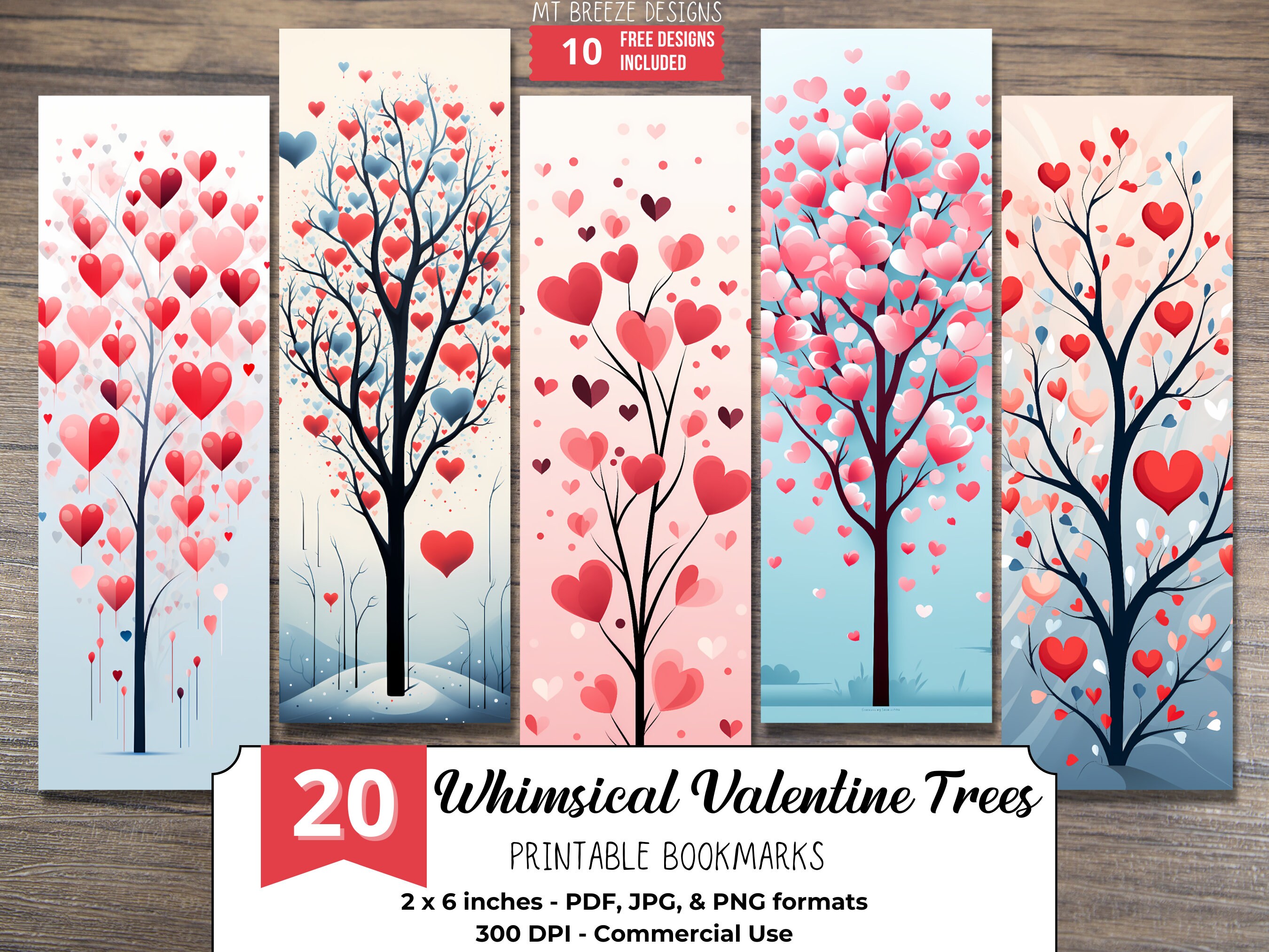 Whimsical Valentine Trees PRINTABLE Bookmarks, High Resolution Digital ...