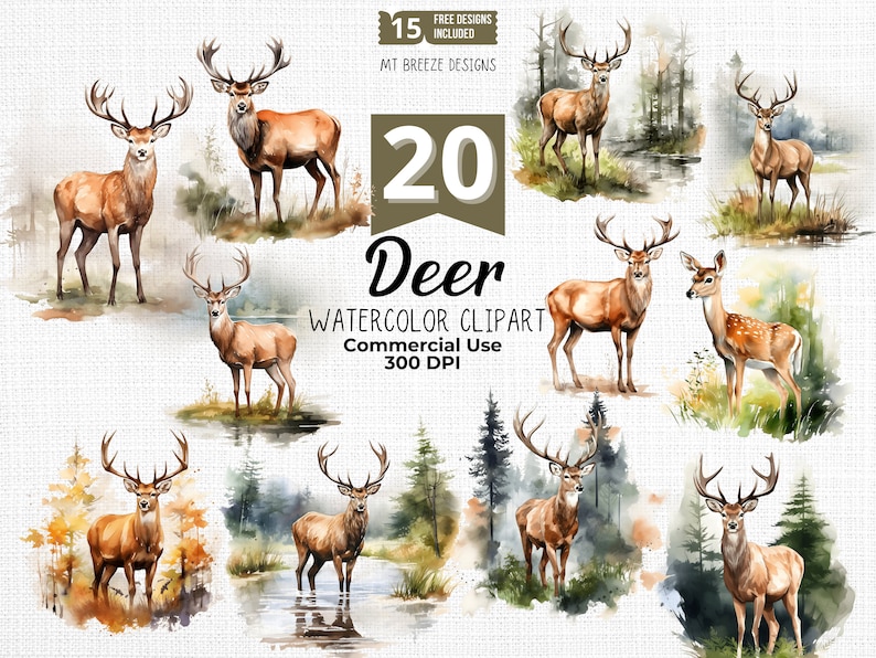 Deer Watercolor Clipart Set, High Resolution Woodland Deer and Buck ...