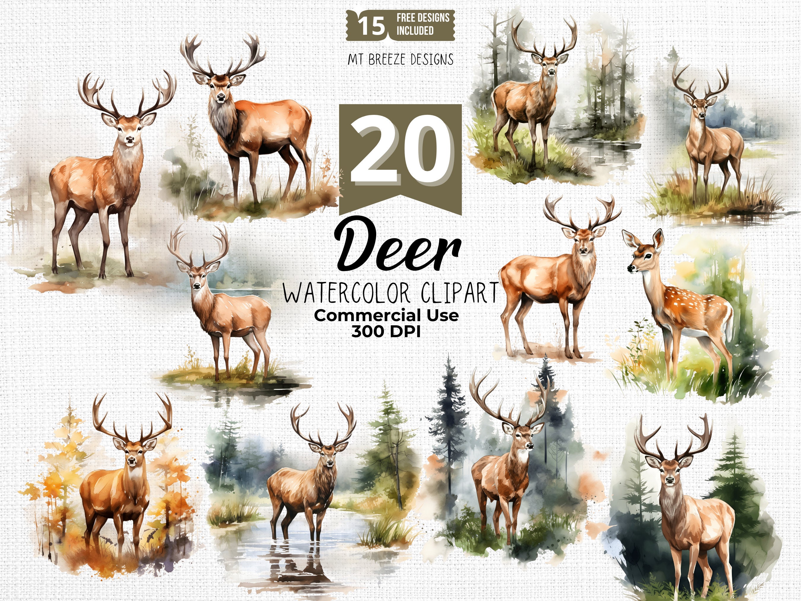 Deer Watercolor Clipart Set, High Resolution Woodland Deer and Buck ...