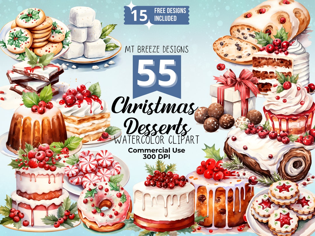 55 Christmas Desserts Watercolor Clipart Set - High Resolution Winter ...