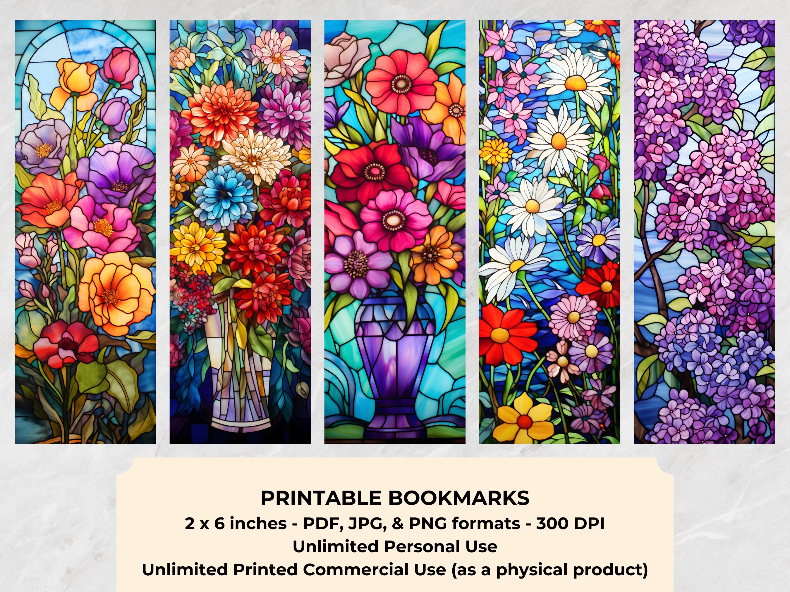 Stained Glass Flowers PRINTABLE Bookmarks High Resolution - Etsy