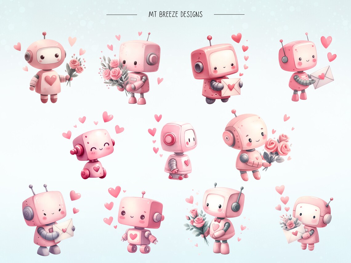 50 Valentine Robot Clipart Set Robot Hearts and Love Clip Art PNG Files ...