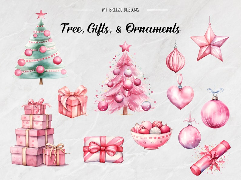58 Pink Christmas Watercolor Clipart Set High Resolution Pink Xmas ...