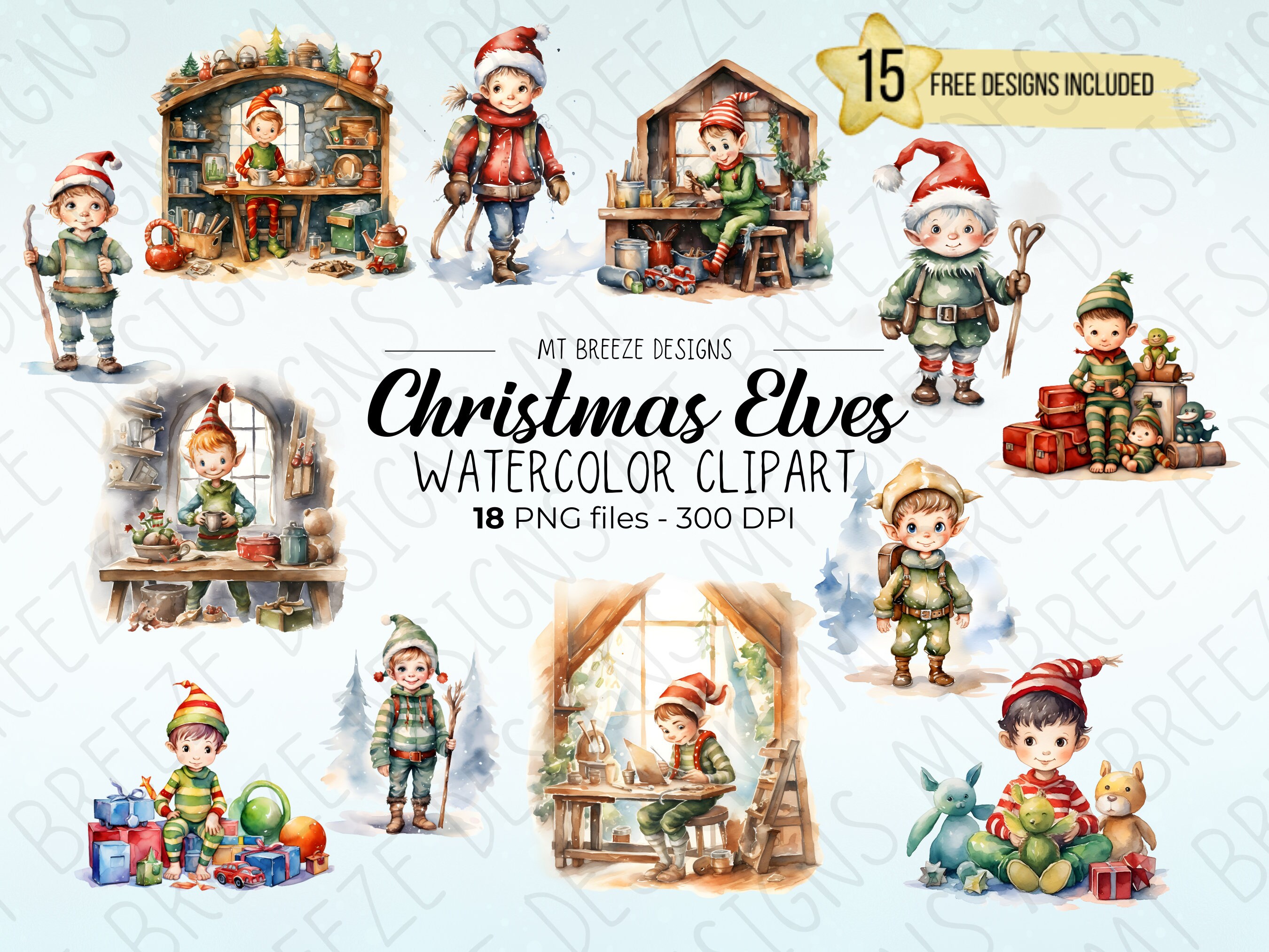 Christmas Elf Watercolor Clipart Set - High Resolution Winter Holiday ...