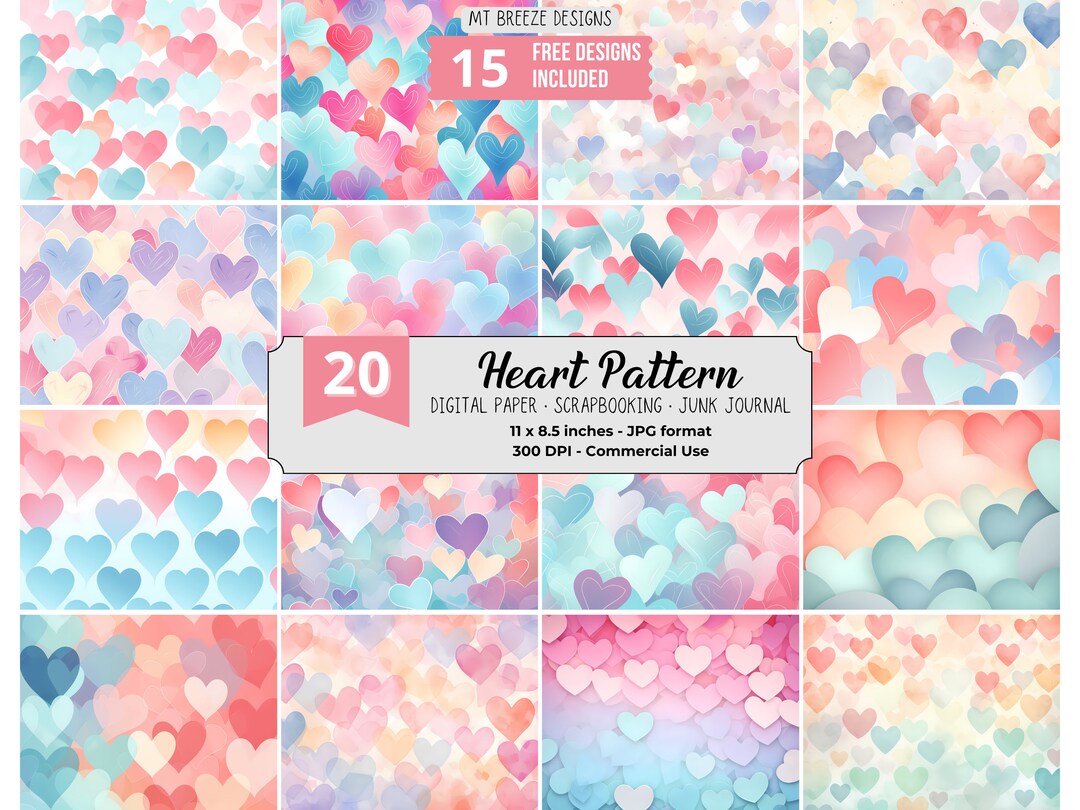 20 Heart Pattern Digital Paper Set, Valentine Candy Background ...