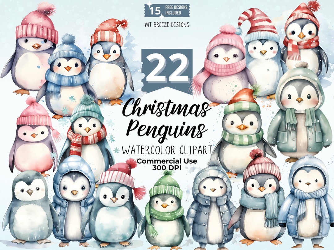22 Christmas Penguins Clipart Set - High Resolution Winter Holiday ...