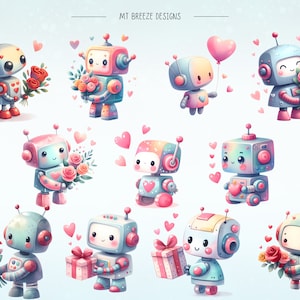 50 Valentine Robot Clipart Set - Robot Hearts and Love Clip Art PNG ...