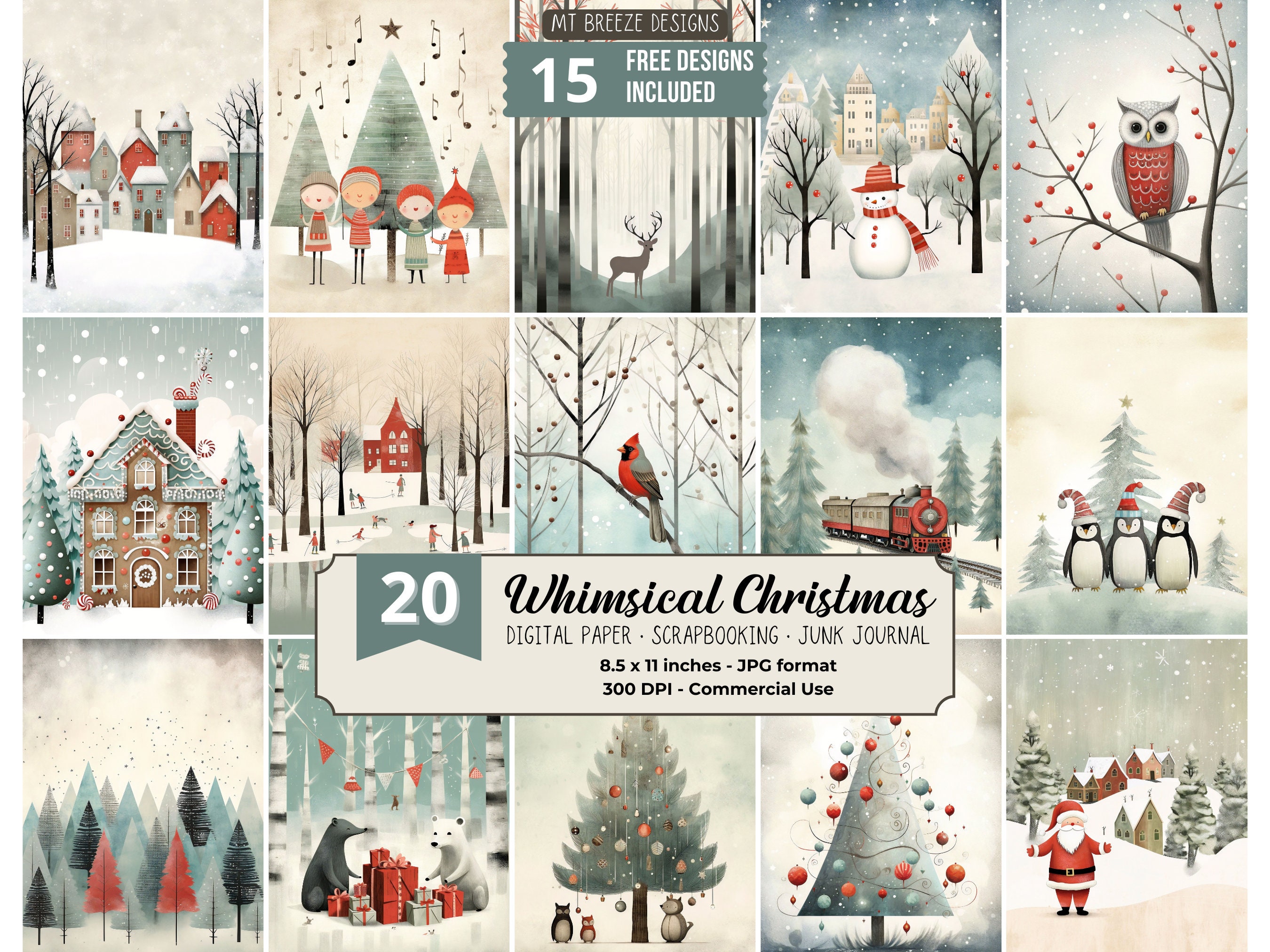 20 Whimsical Christmas Digital Paper Set, Xmas Holiday Background ...