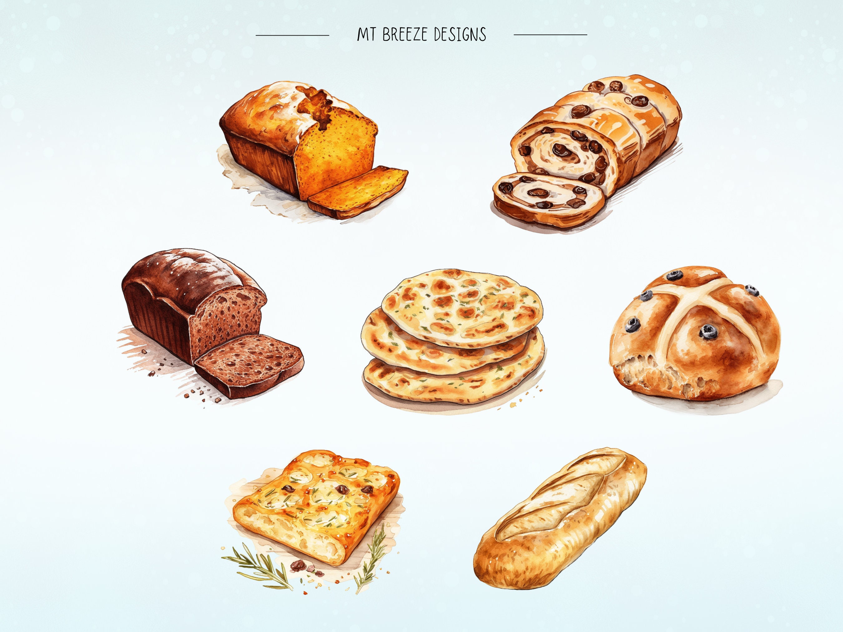 Bread Watercolor Clipart Set - 22 High Resolution Bread Baking Clip Art ...