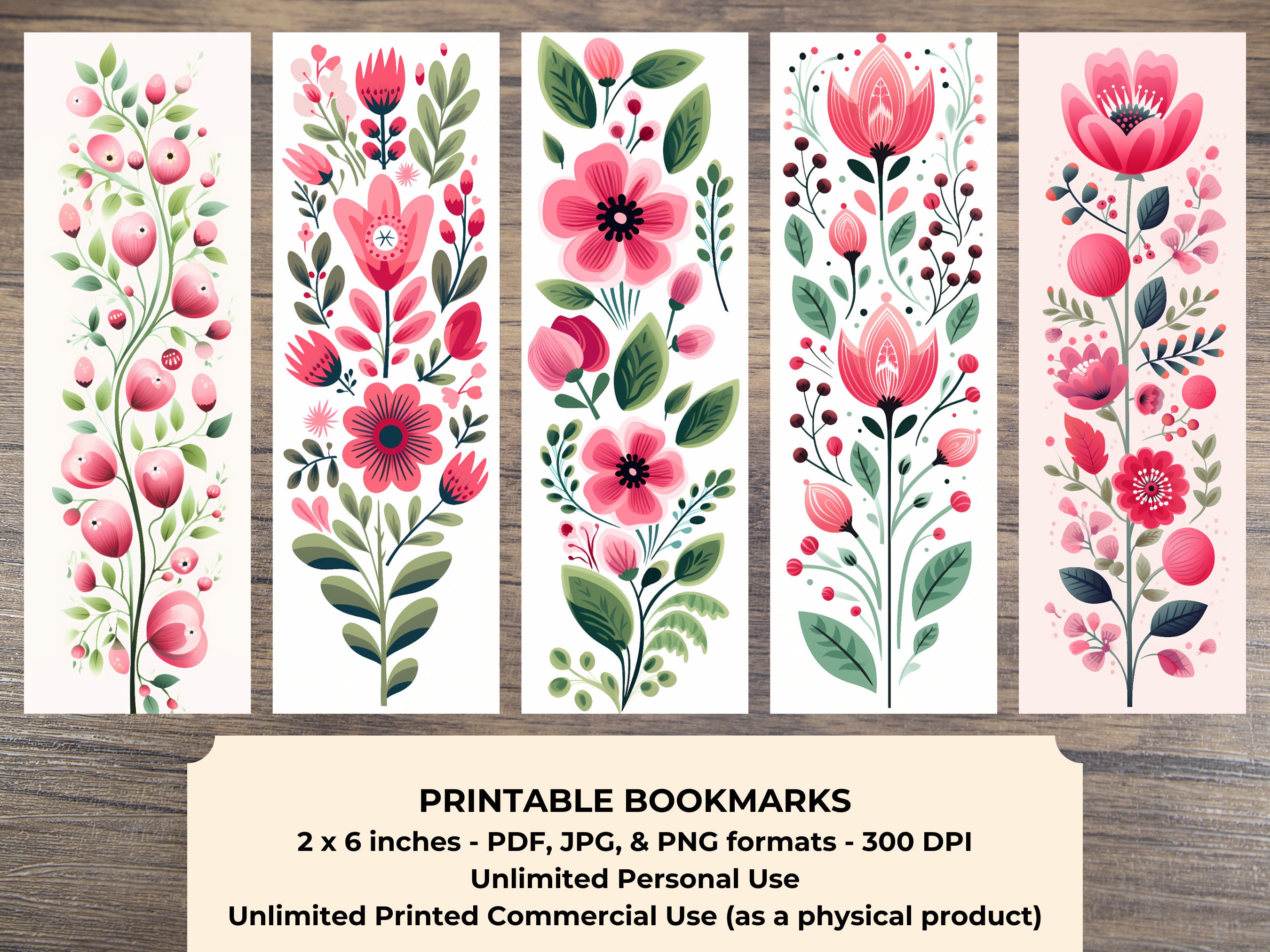 Boho Flowers PRINTABLE Bookmarks, Floral Folk Art JPG Bookmark Set, Png ...
