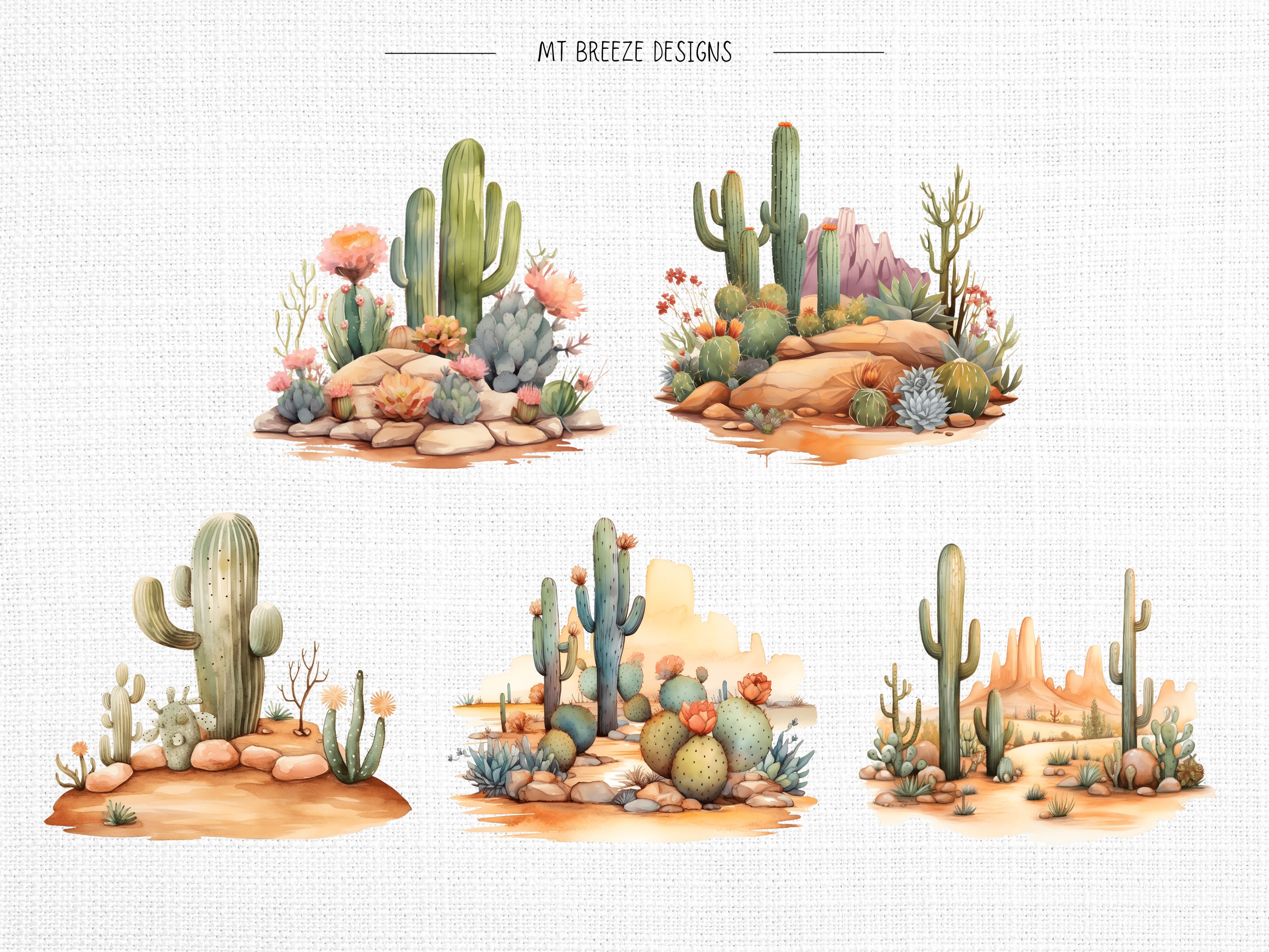 Cactus Desert Landscape Clipart Set High Resolution Cactus Watercolor ...
