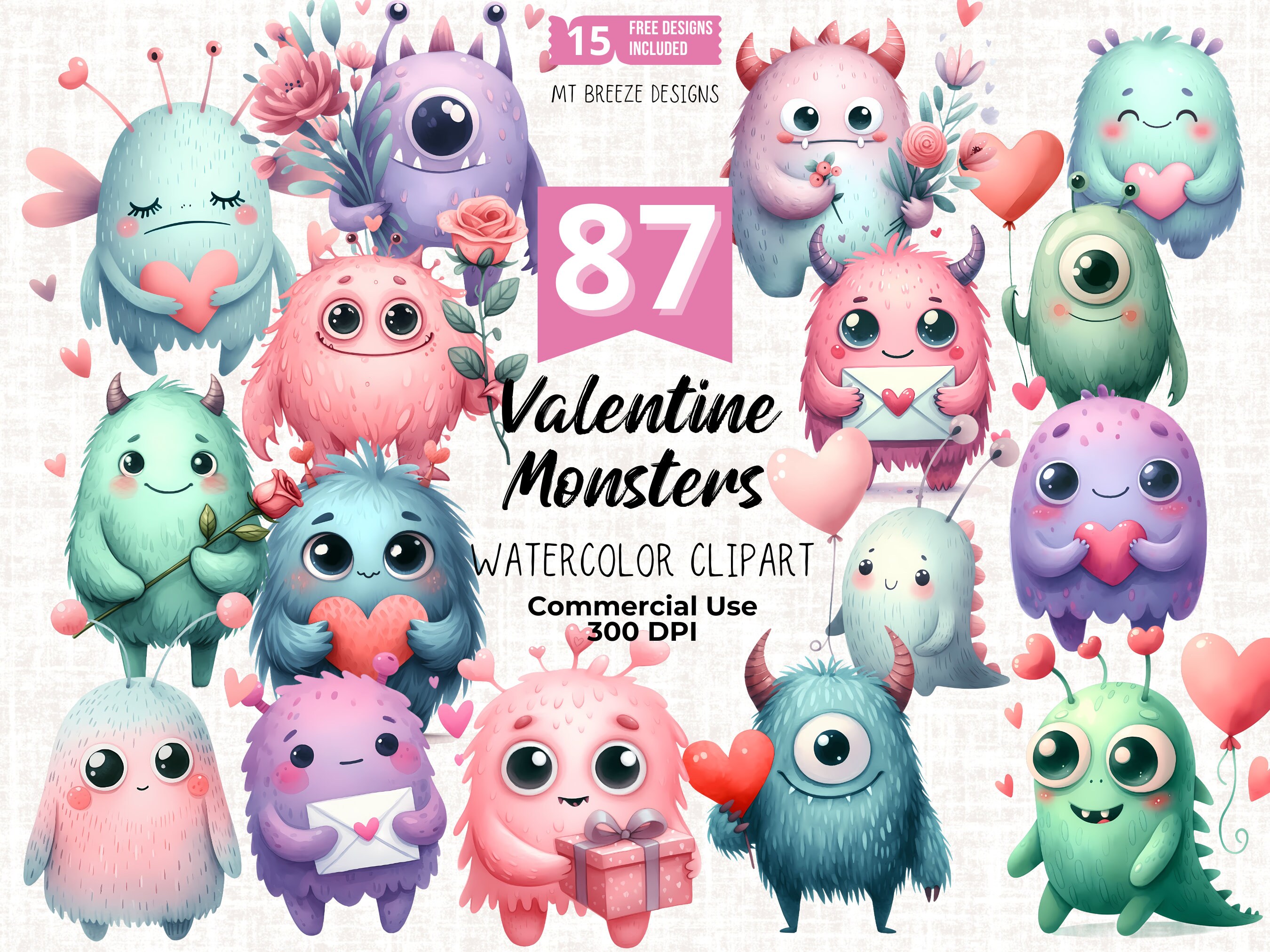 87 Valentine Monsters Watercolor Clipart Set, Cute Whimsical Alien Clip ...