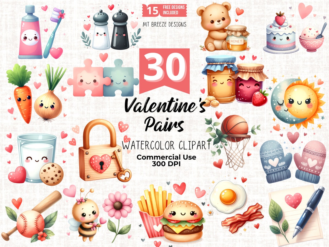 Valentine Pairs Watercolor Clipart Set Cute Valentine Clip - Etsy