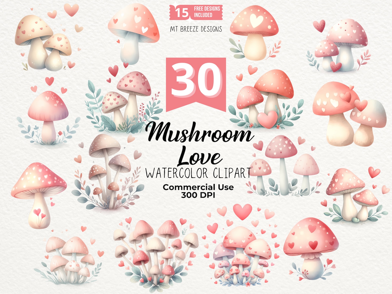 30 Mushroom Love Watercolor Clipart Set, Cute Mushroom Clip Art PNG ...